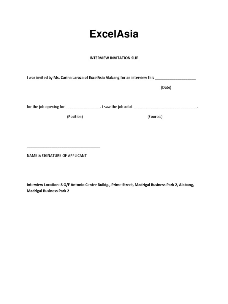 Interview Invitation Slip - ExcelAsia | PDF