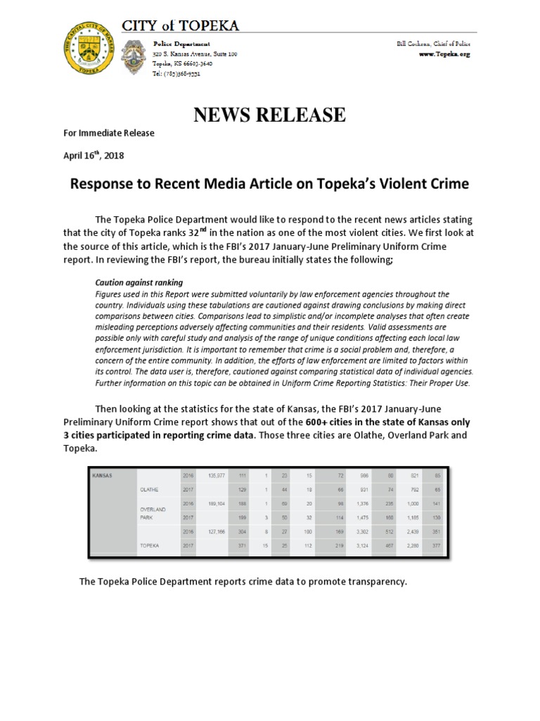 TPD Response To Recent Media Article On Topekas Violent Crime | PDF ...