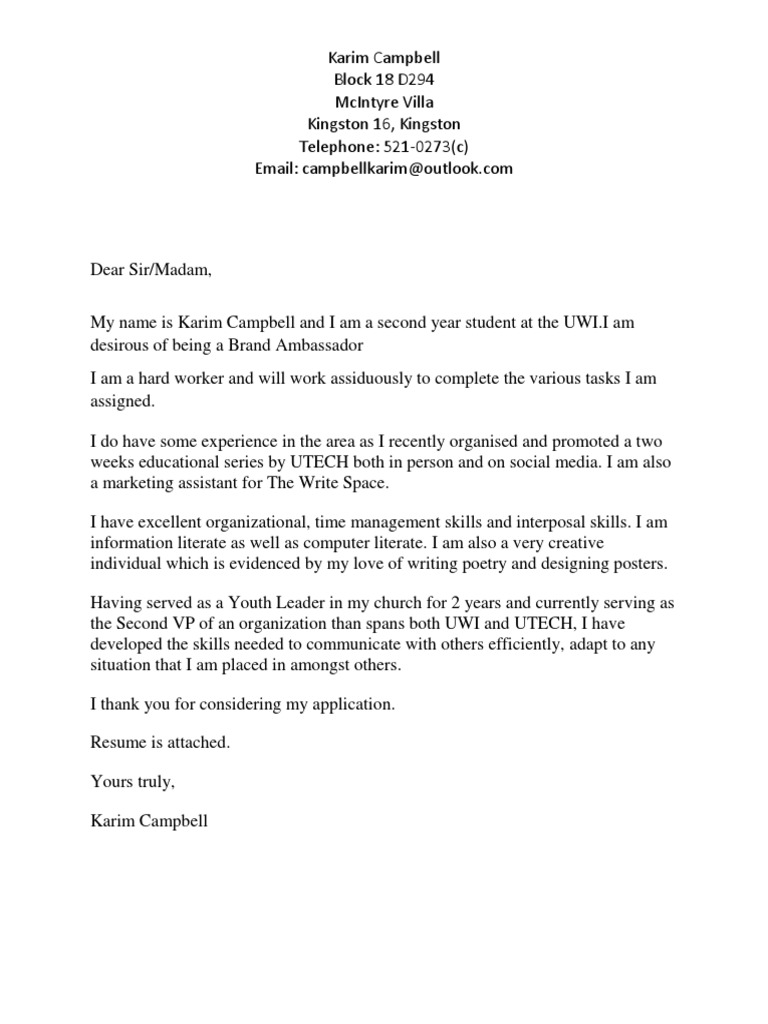 Karim Campbell Brand Ambassador Cover Letter | PDF