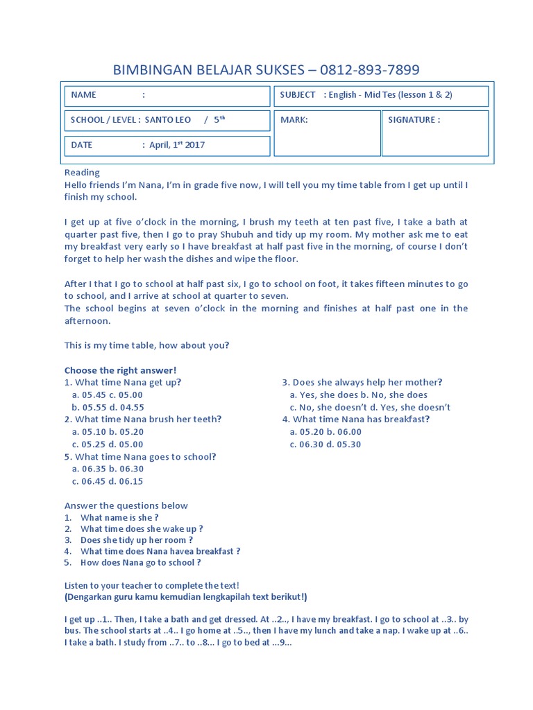 Lat Inggris UTS Lesson 1 - 2 (5SD) | PDF | Language Arts & Discipline