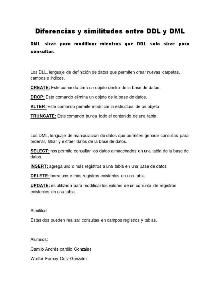 Diferencias y Similitudes Entre DDL y DML | PDF