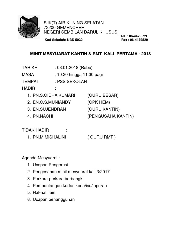 Minit Mesyuarat RMT & Kantin Kali 1 2018 | PDF
