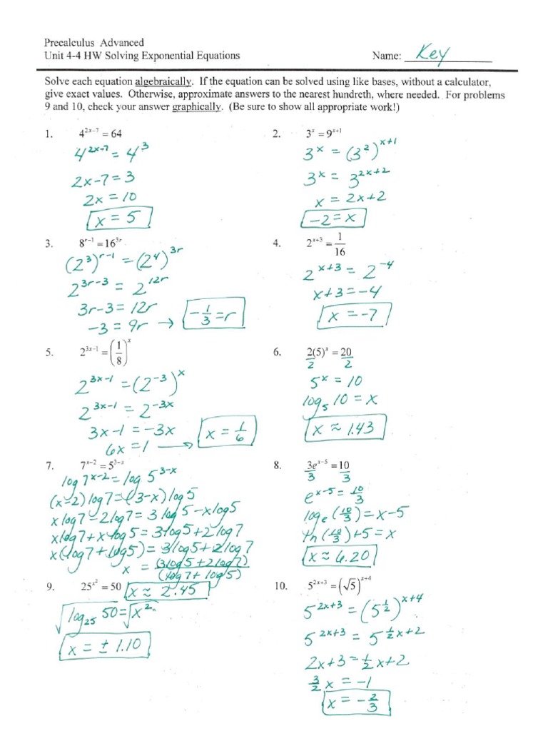HW WS 6-4 Answer Key Solving Exponential Equations PDF | PDF ...