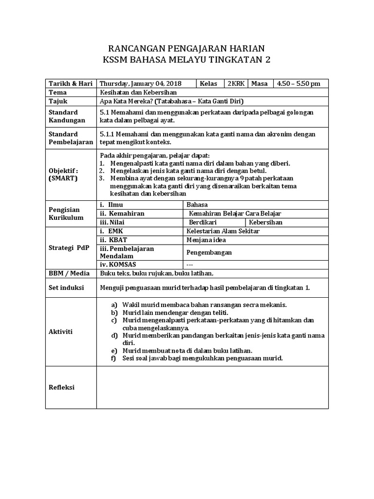 Contoh Rph Bahasa Melayu Tingkatan 2 Kssm - CarolinetaroFrench