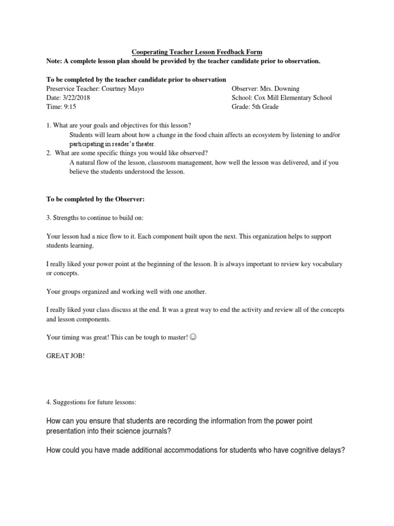 Teacher Observation Feedback Form | PDF | Career & Growth