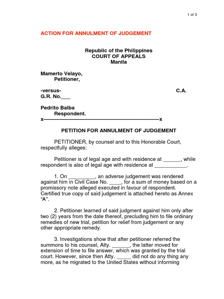 Petition for Annulment of Judgment | PDF | Courts | Judgment (Law)
