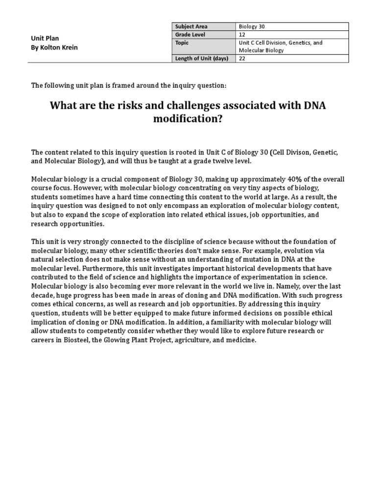 Unit Plan Sample - Genetics | PDF | Genetics | Dna Replication