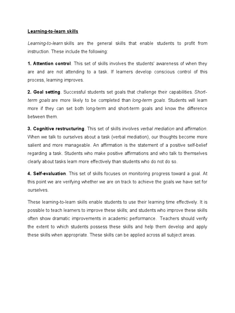 Learning To Learn Skills | PDF | Learning | Goal
