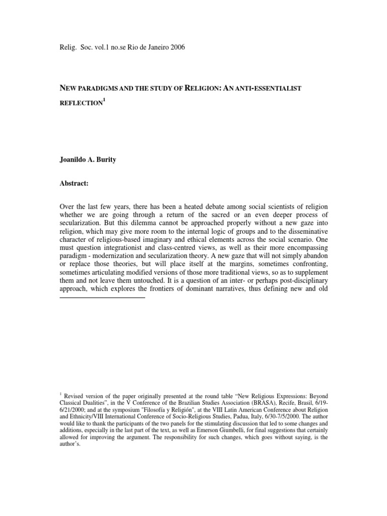 Ew Paradigms and The Study of Eligion N Anti Essentialist Reflection ...
