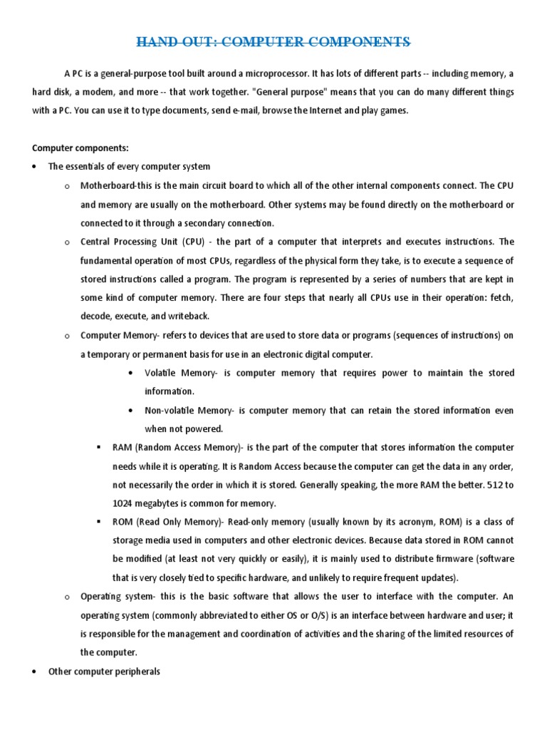 Hand Out-Computer Components | PDF | Computer Data Storage | Read Only Memory