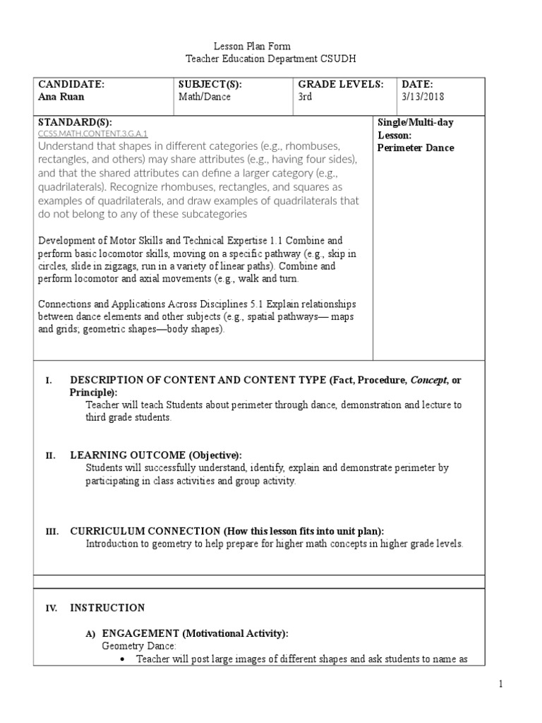 Dance Math Lesson Perimter | PDF | Shape | Teachers