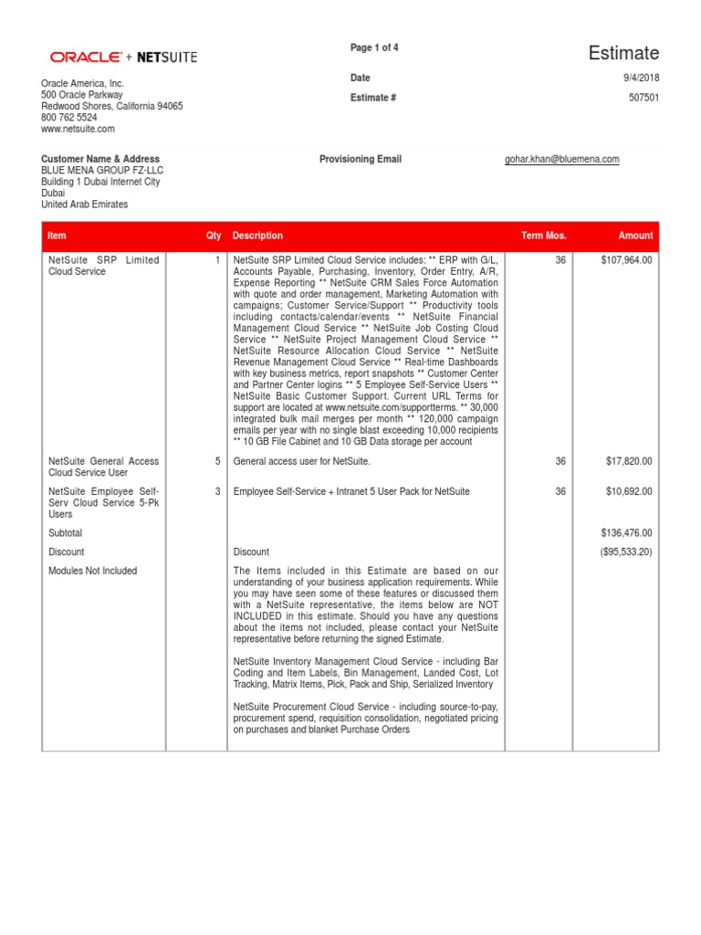 NetSuite Estimate 7097805 | PDF | Cloud Computing | Invoice