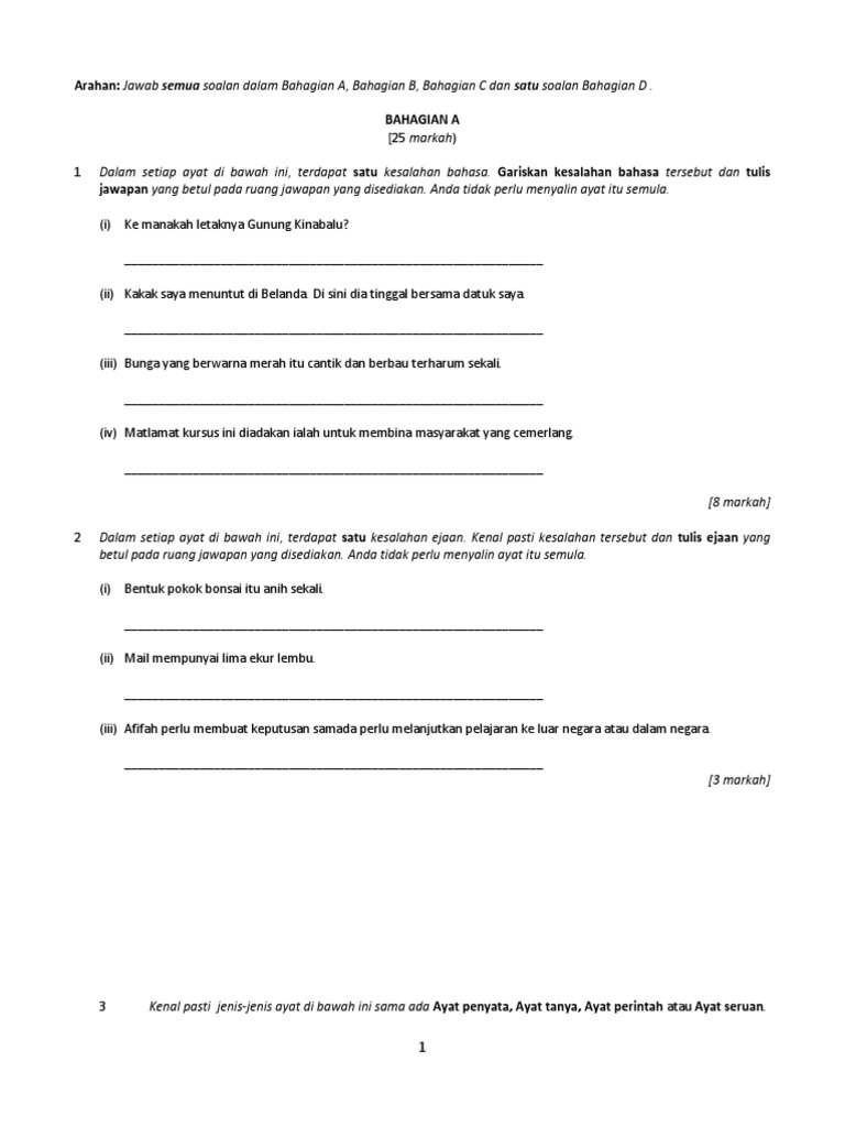 Karangan Soalan Bm Tingkatan 1 Soalan Peperiksaan Akhir Tahun Bahasa ...