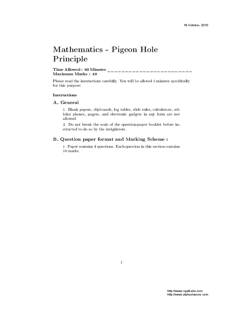 Mathematics - Pigeon Hole Principle: A. General | PDF