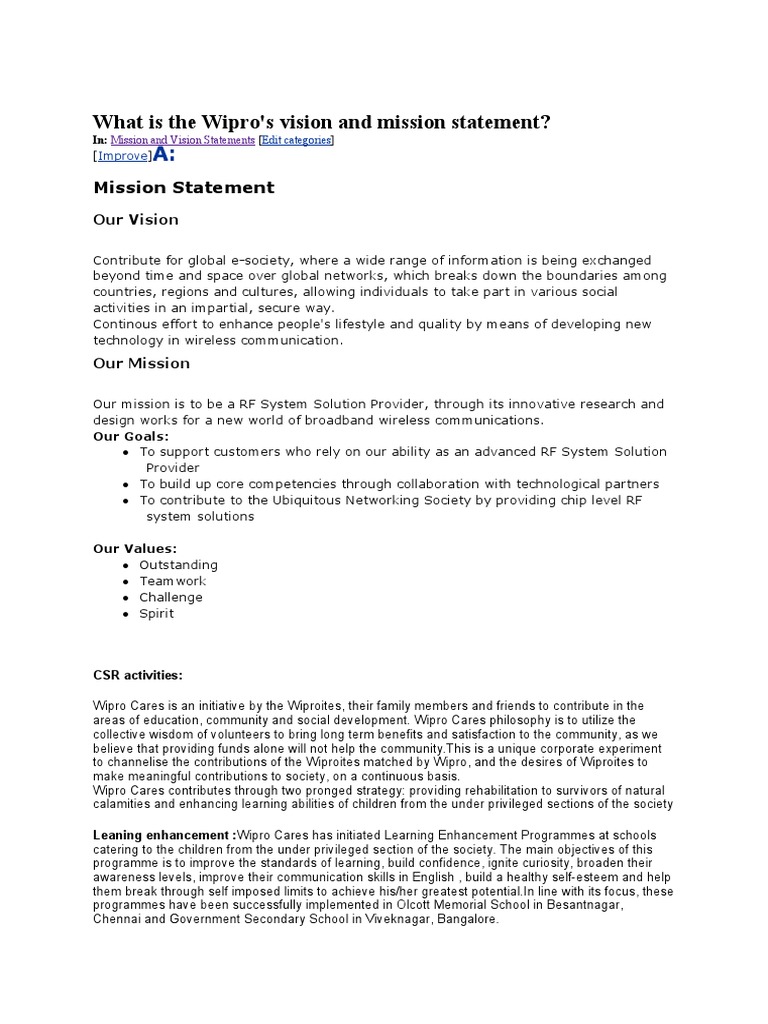 What Is The Wipro's Vision and Mission Statement? | PDF | Volunteering ...
