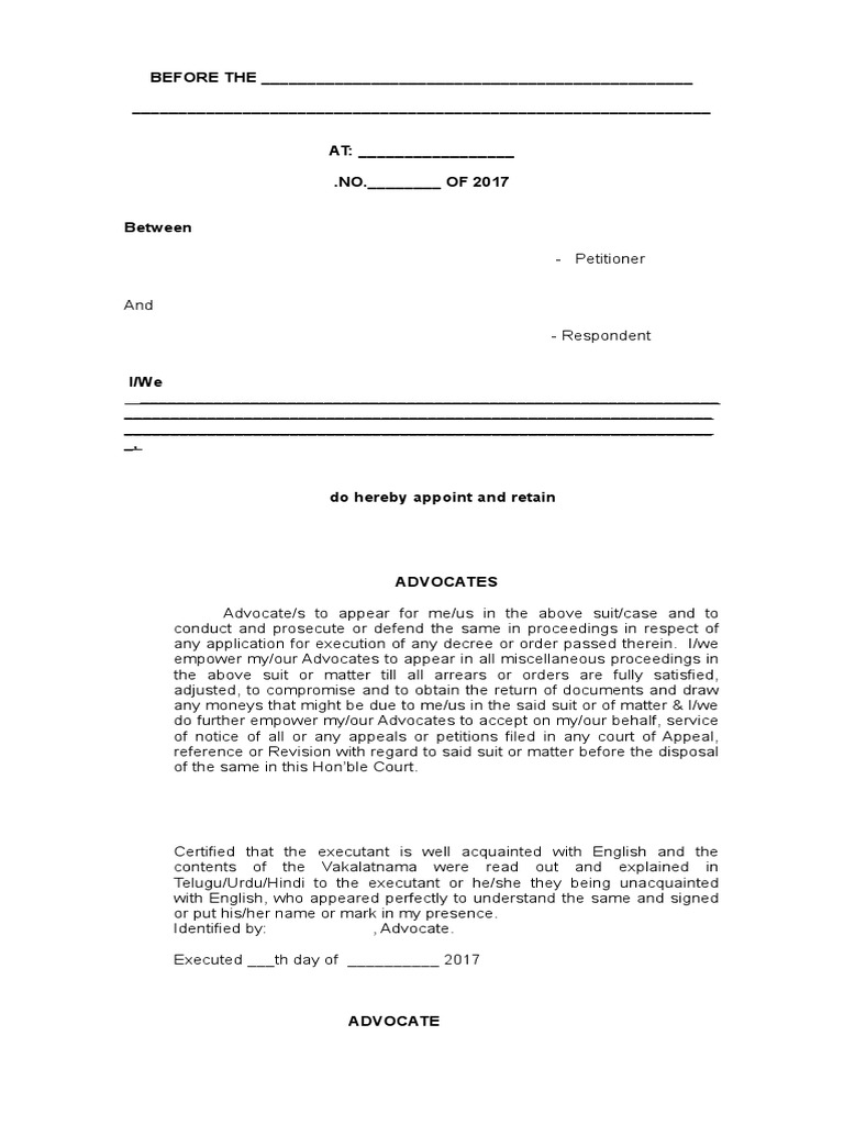 Vakalatnama Format for Civil Court | PDF