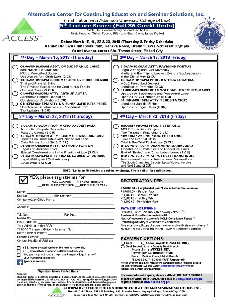 MCLE Lecture Series Registration 2018 | PDF | Personally Identifiable ...