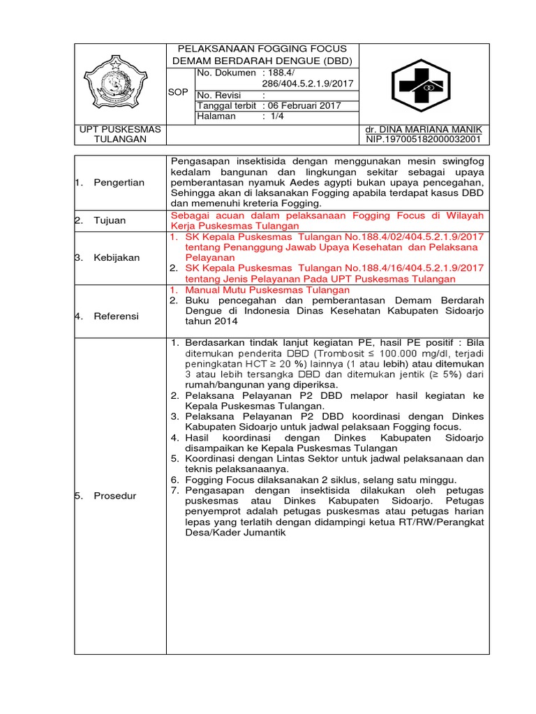 SOP Fogging DBD Puskesmas Tulangan | PDF | Pengembangan Diri | Sains ...
