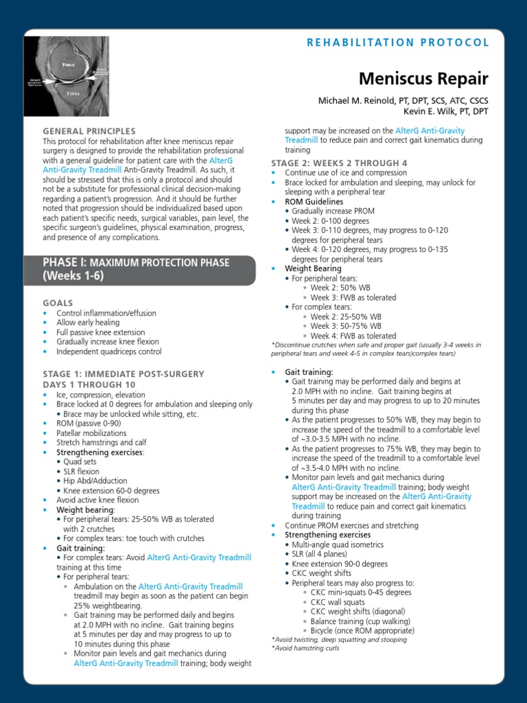 AlterG Protocol for Meniscus Repair Recovery | PDF | Musculoskeletal ...