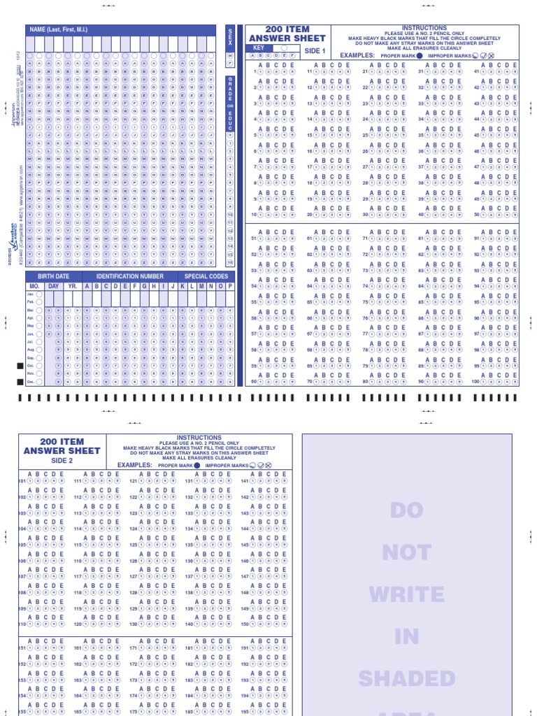 200 ITEM Answer Sheet: Side 1 | PDF
