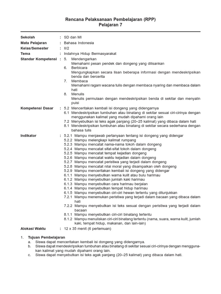 RPP Bahasa Indonesia Kelas 2 Pel 07 PDF | PDF