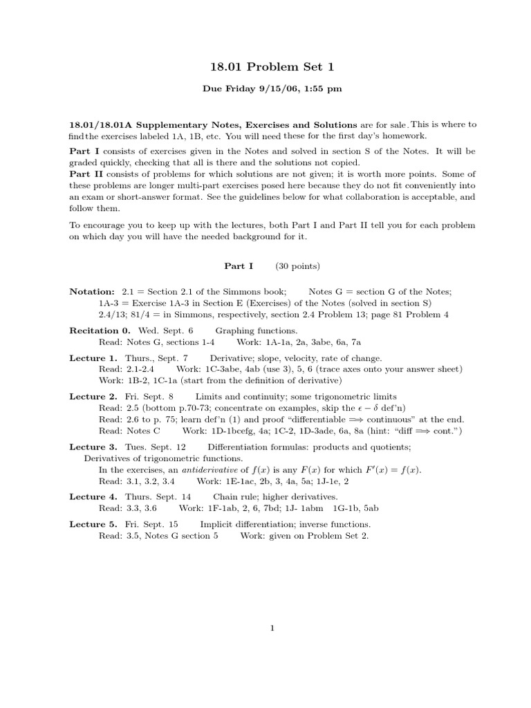 MIT OpenCourseware 18.01 Calculus Problem Set 1 | PDF | Tutor | Derivative