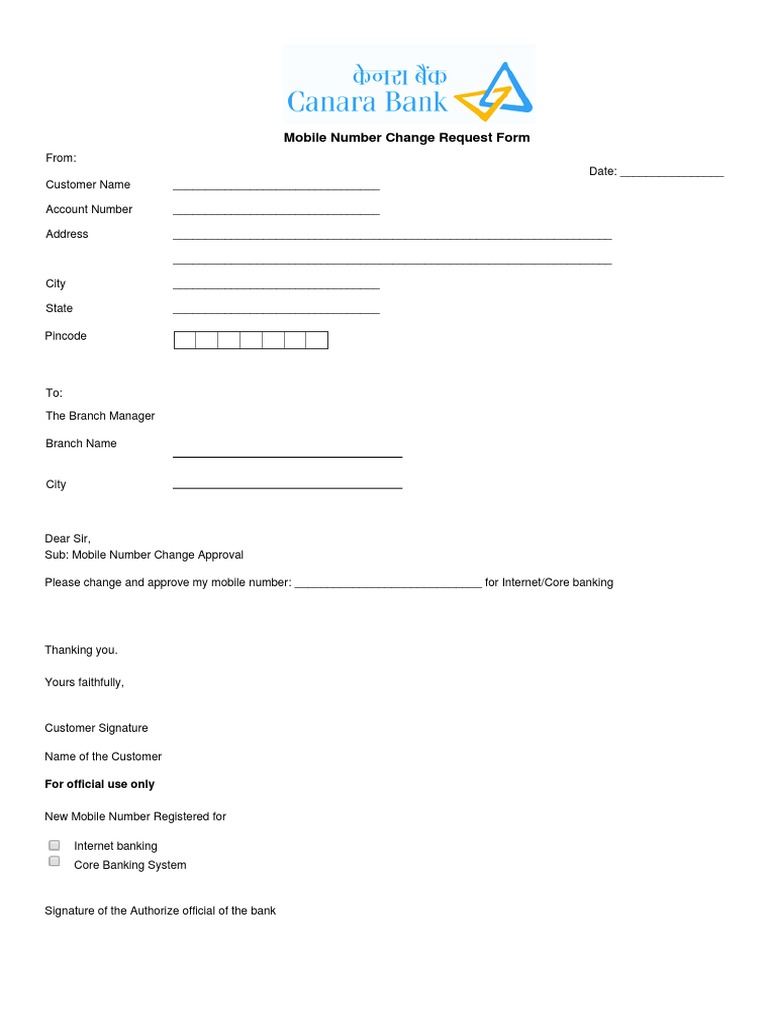 Canara Bank Mobile Number Change Form | PDF | Banking | Computing