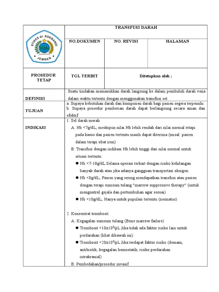 SOP Transfusi Darah dan Trombosit | PDF | Pengembangan Diri | Kesehatan ...