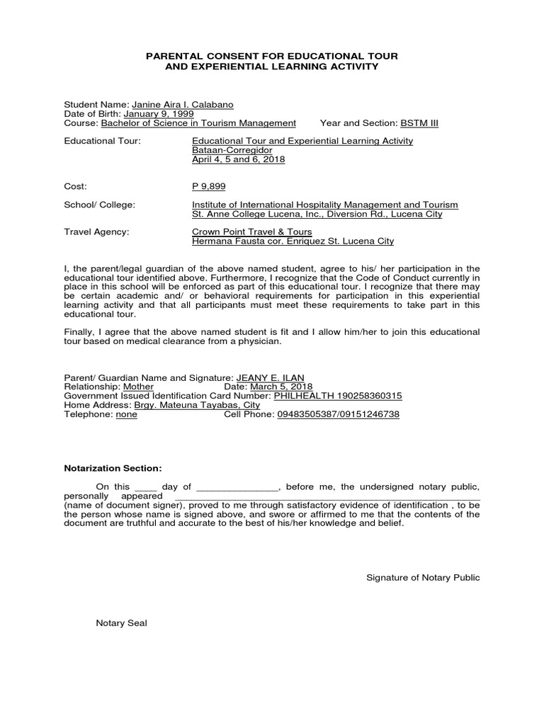 Parental Consent for Educational Tour | PDF