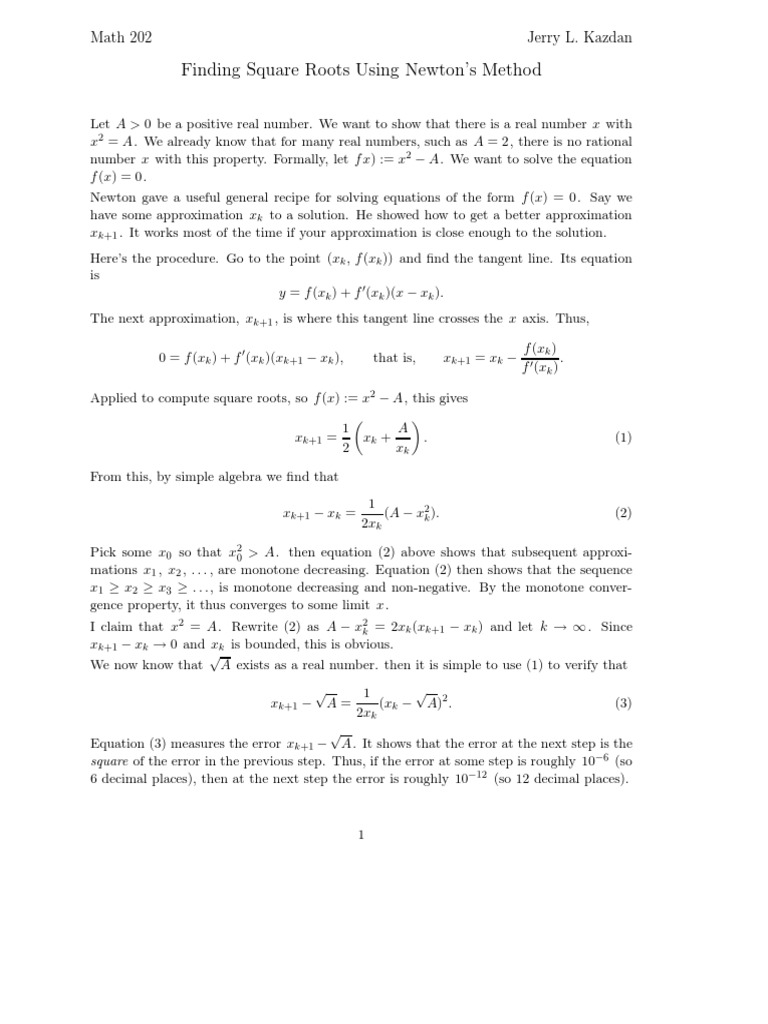 Finding Square Roots Using Newton's Method: Math 202 Jerry L. Kazdan | PDF | Square Root | Real ...