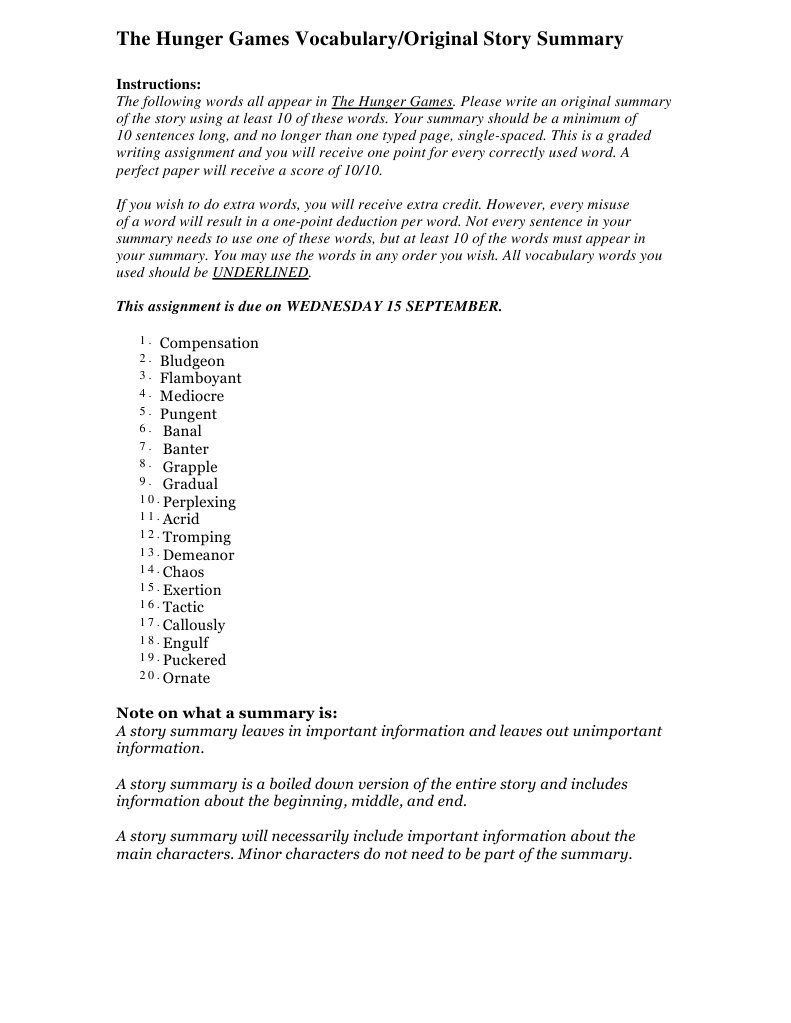 Vocabulary Assignment for The Hunger Games | PDF