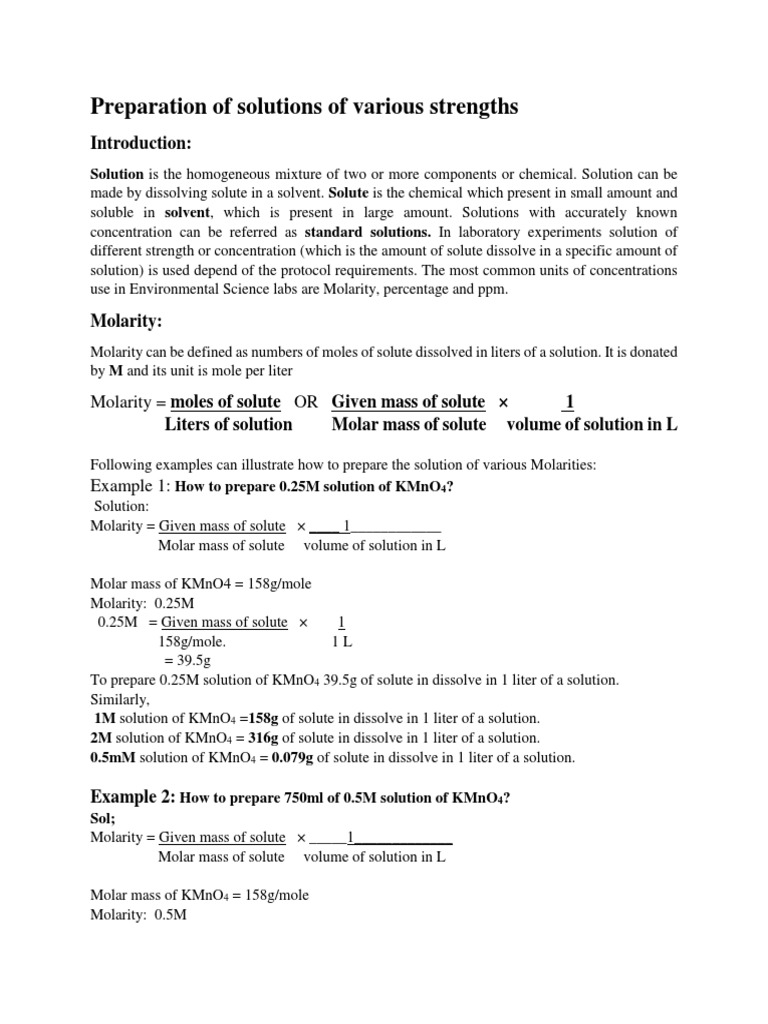 Preparing Solutions of Various Strengths | PDF | Mass Concentration ...