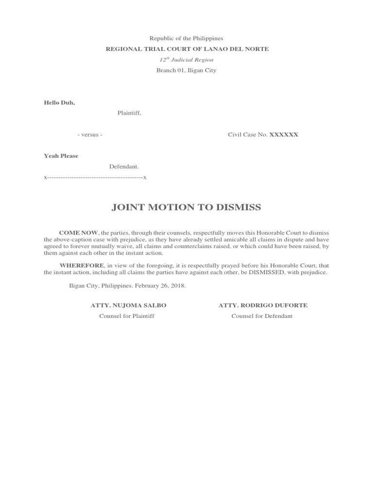 Joint Motion To Dismiss: Regional Trial Court of Lanao Del Norte | PDF