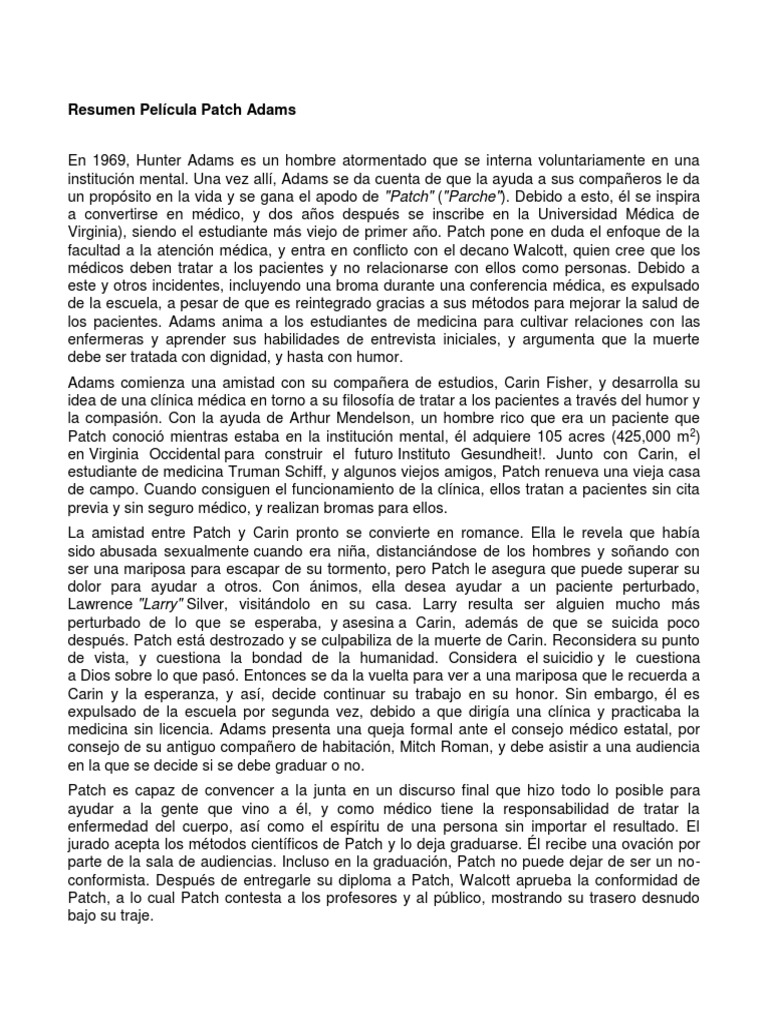 Resumen Película Patch Adams | Descargar gratis PDF | Suicidio | Medicina