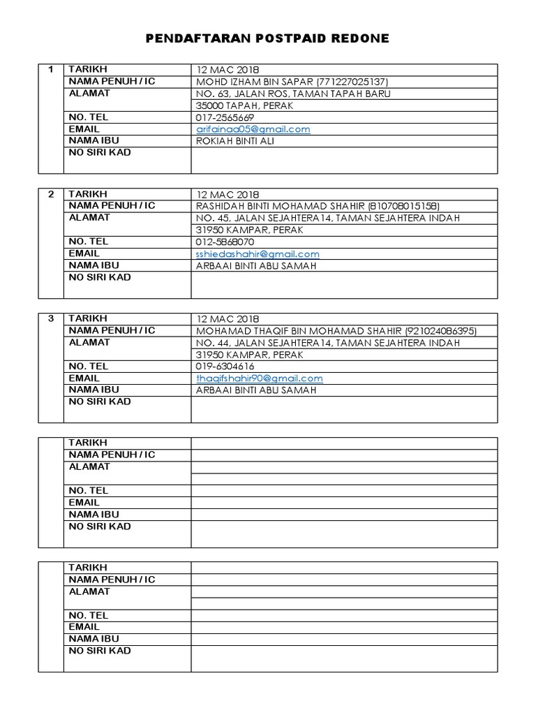 Borang Daftar Postpaid Redone | PDF