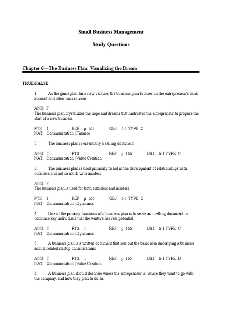 Small Business Management Study Questions - CH 6 The Business Plan ...