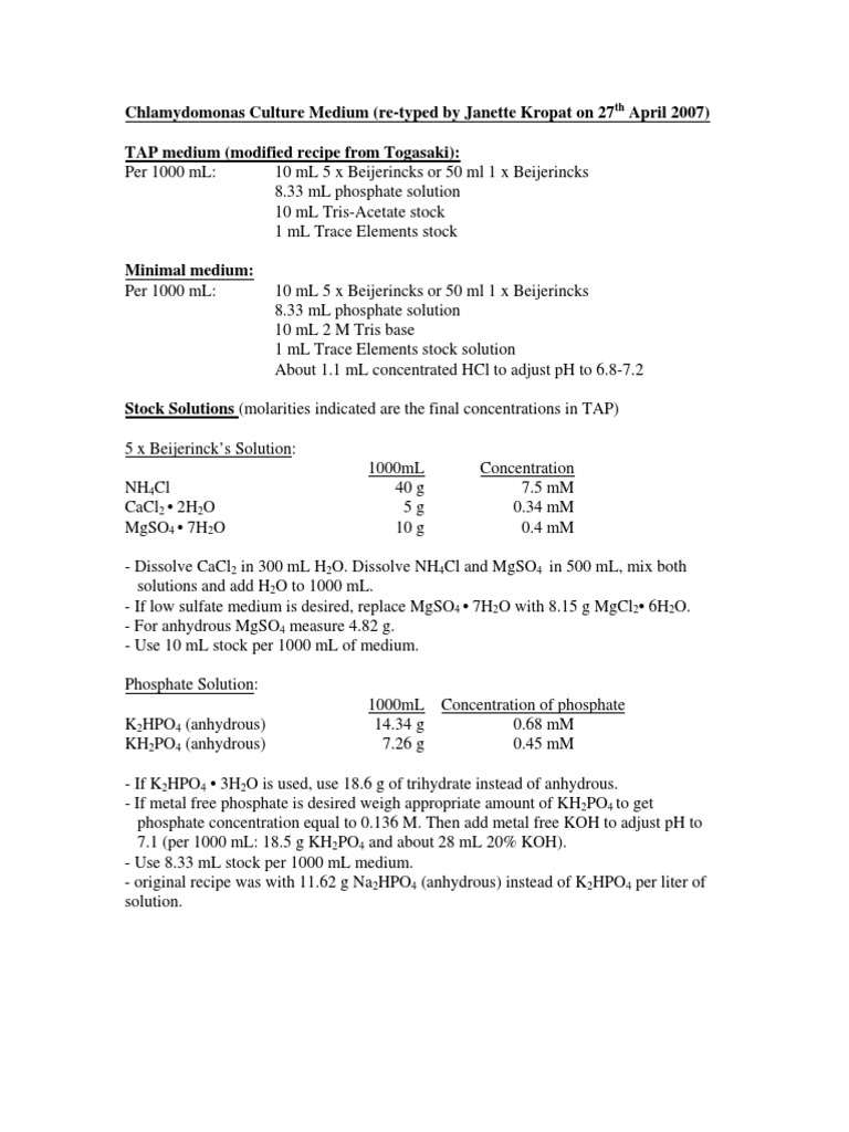 TAP Medium Composition for Chlamydomonas | PDF | Ph ...