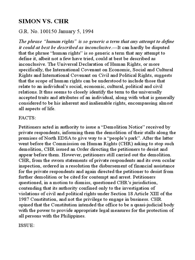 Simon vs. CHR: G.R. No. 100150 January 5, 1994 | PDF | Natural And ...