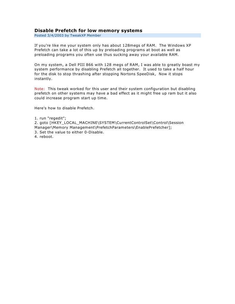 Disable Windows XP Prefetch for Low RAM | PDF