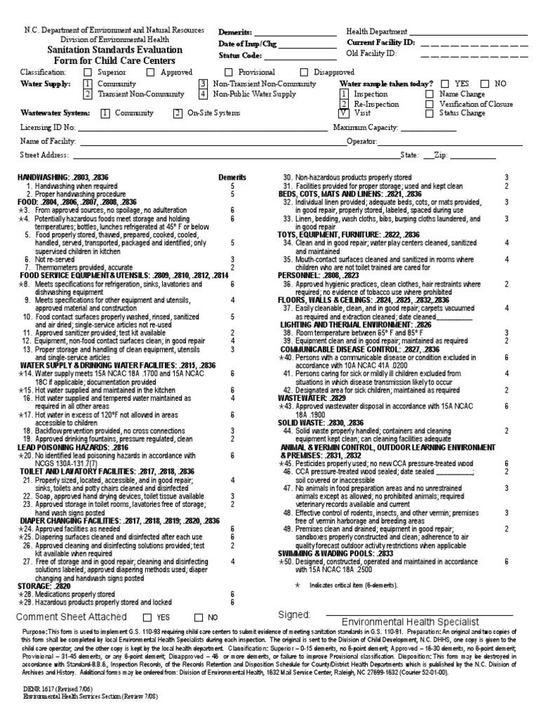 Sanitation Standards Evaluation Form For Child Care Centers | PDF ...