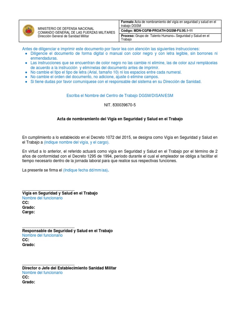 Formato Acta de Nombramiento Del Vigia en Seguridad y Salud en El Trabajo DGSM
