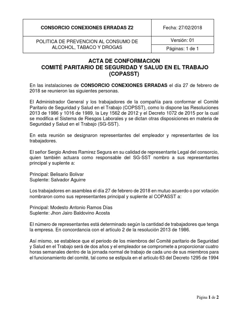 Acta De Conformacion Del Copasst Docx Gobierno Política