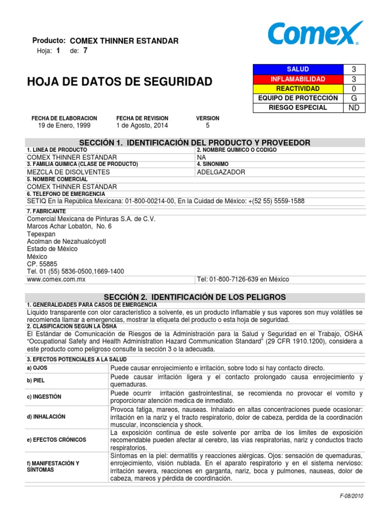 Hoja De Seguridad Thinner Comex 2023 Pdf Agua Química