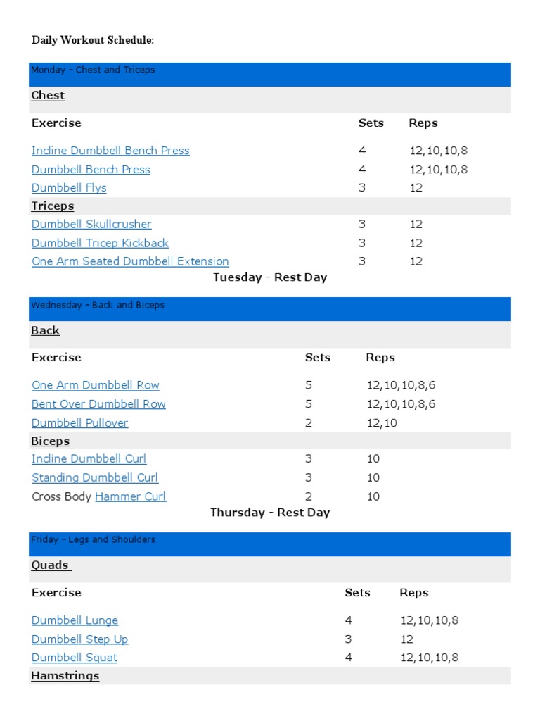 Daily Workout Schedule:: Chest Exercise Sets Reps | PDF | Cooking, Food ...