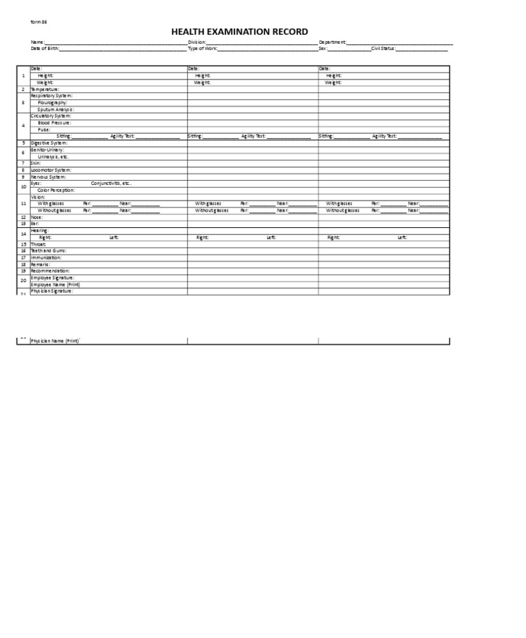 Form 86 Health Examination Record | PDF