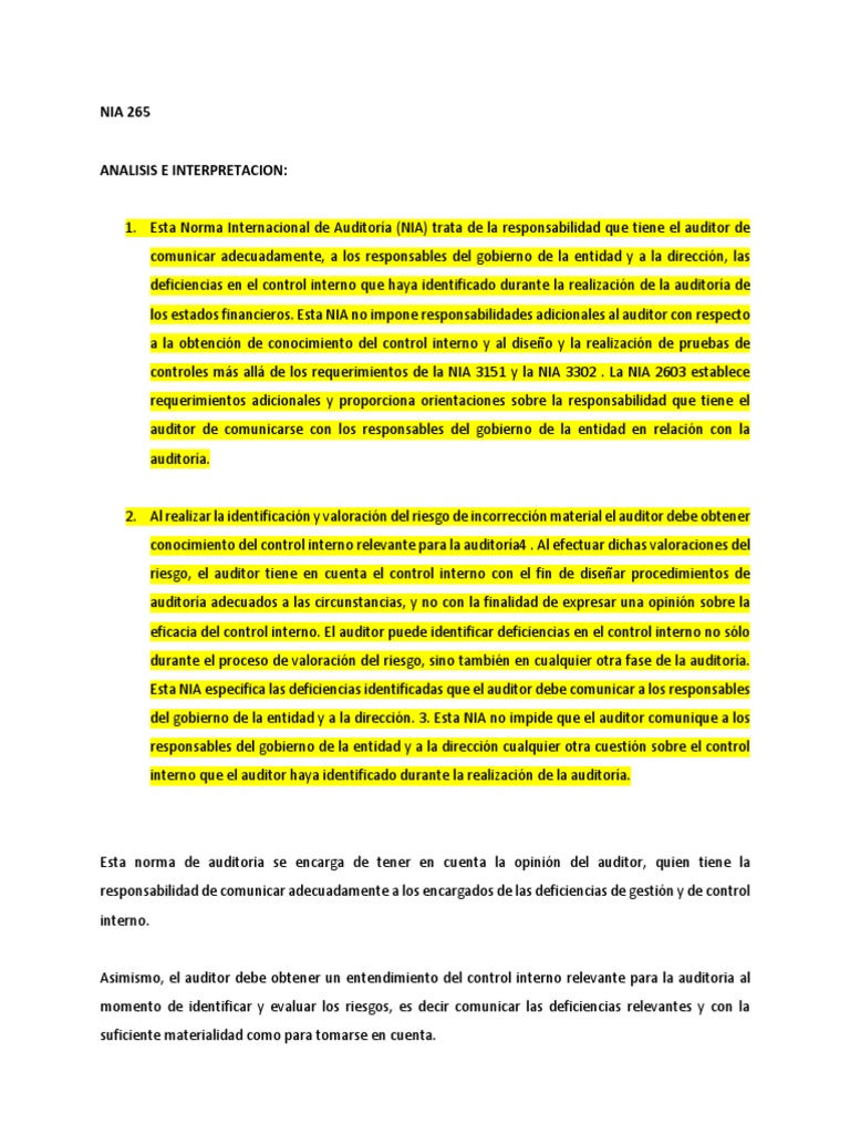 Nia 265 | PDF | Contralor | Auditoría financiera