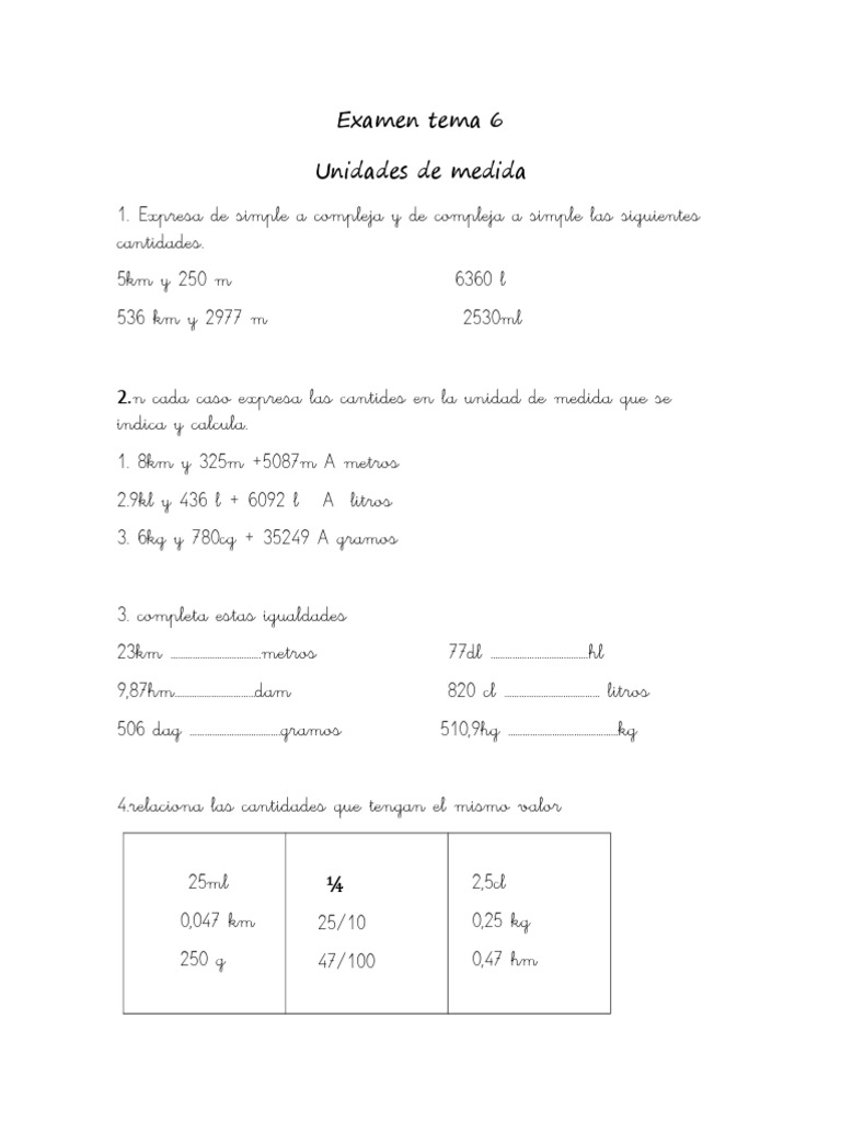 Examen Tema 6 Unidades de medida.Matematicas