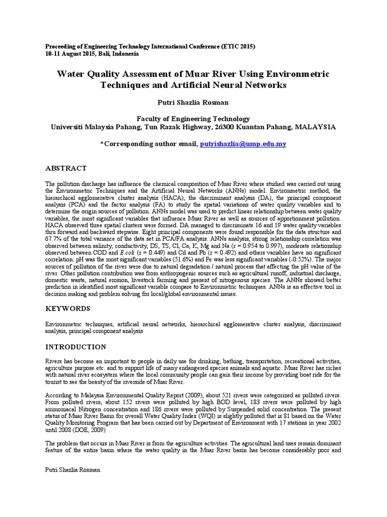 Water Quality Assessment of Muar River Using Environmetric Techniques and Artificial Neural ...