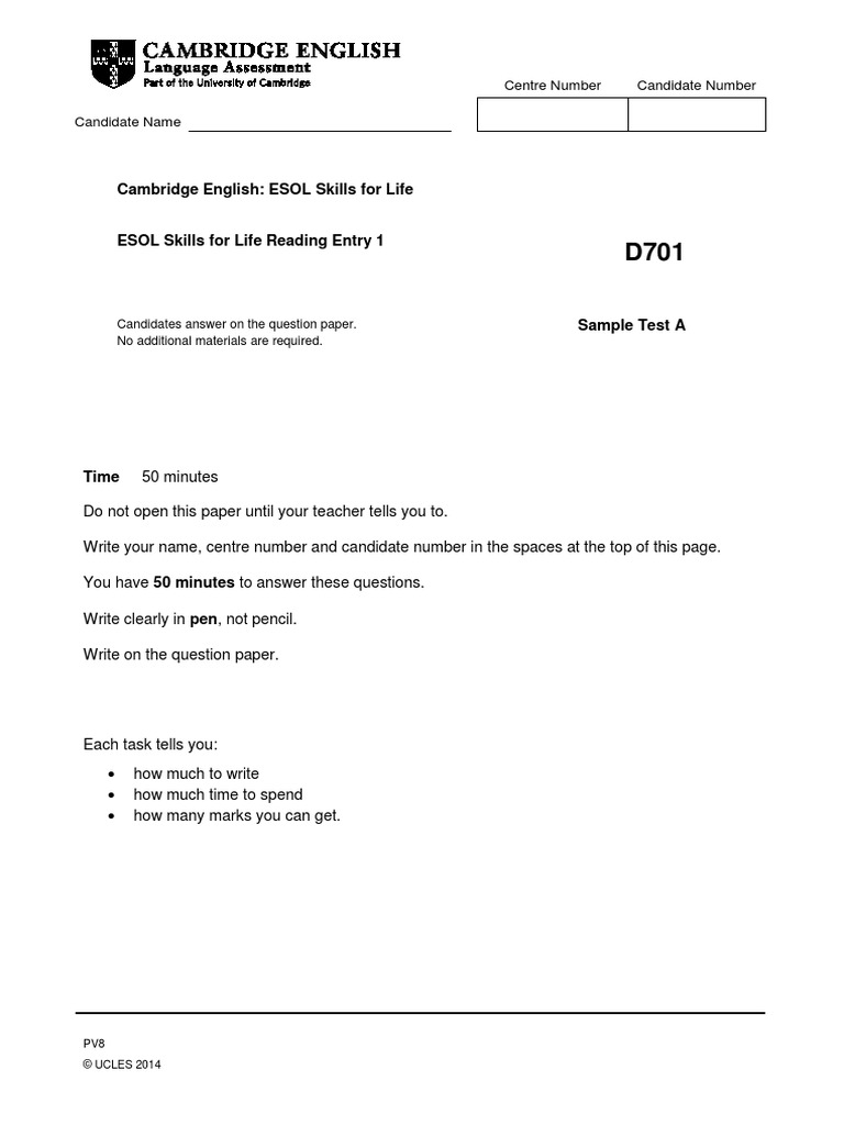 Cambridge English Esol Skills For Life Reading Entry 1 Sample Test A ...
