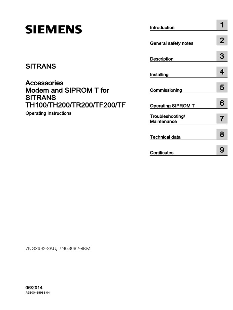 Sitrans Accessories Modem and SIPROM T For Sitrans TH100/TH200/TR200 ...